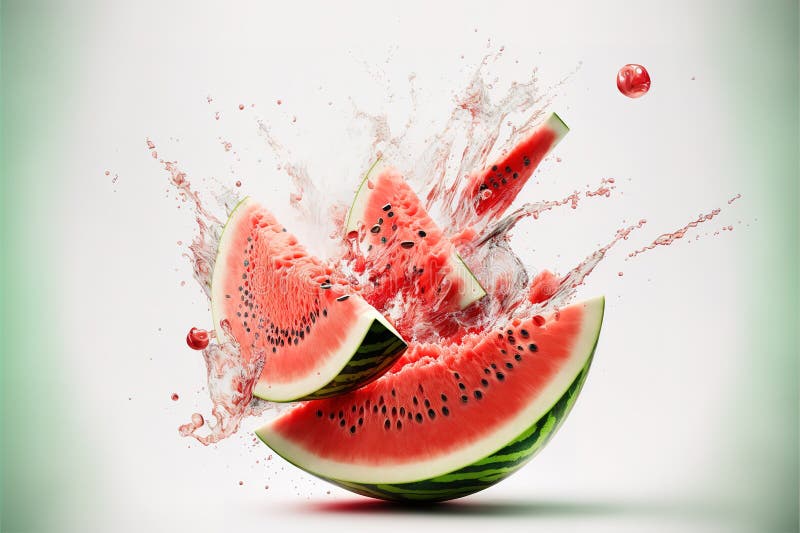 Fresh Slices of Watermelon Flying on a Plain Background with Exploding ... Fresh Slices of Watermelon Flying on a Plain Background with Exploding ...