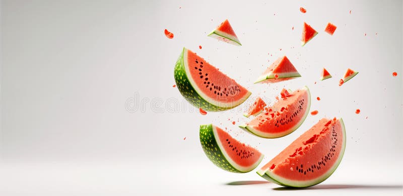 Fresh Slices of Watermelon Flying on a Plain Background with Exploding ... Fresh Slices of Watermelon Flying on a Plain Background with Exploding ...