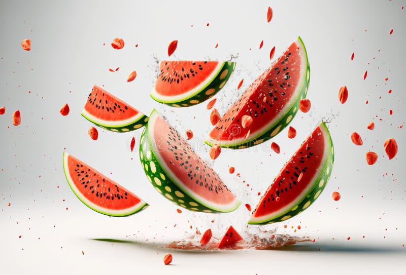 Fresh Slices of Watermelon Flying on a Plain Background with Exploding ... Fresh Slices of Watermelon Flying on a Plain Background with Exploding ...