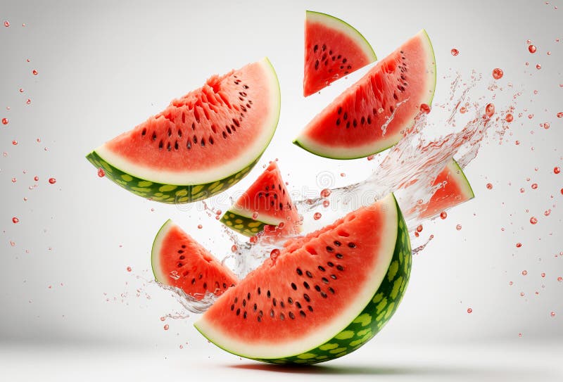 Fresh Slices of Watermelon Flying on a Plain Background with Exploding ... Fresh Slices of Watermelon Flying on a Plain Background with Exploding ...