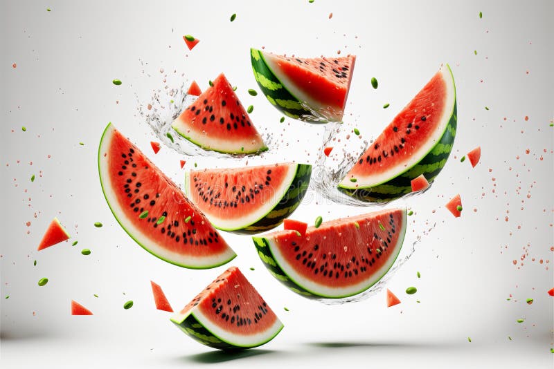 Fresh Slices of Watermelon Flying on a Plain Background with Exploding ... Fresh Slices of Watermelon Flying on a Plain Background with Exploding ...