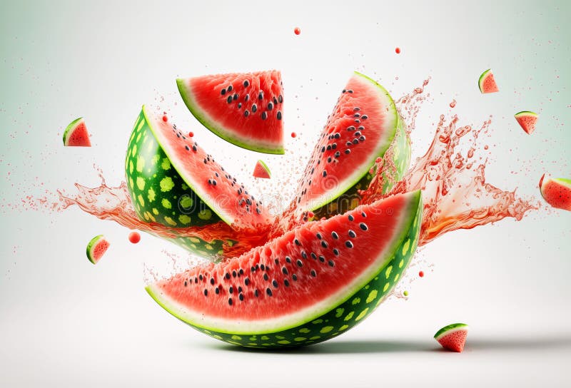 Fresh Slices of Watermelon Flying on a Plain Background with Exploding ... Fresh Slices of Watermelon Flying on a Plain Background with Exploding ...