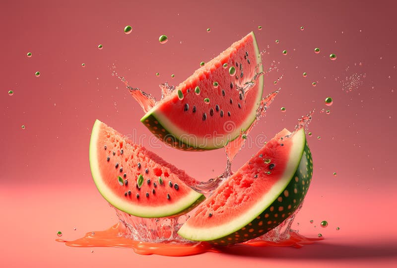 Fresh Slices of Watermelon Flying on a Plain Background with Exploding ... Fresh Slices of Watermelon Flying on a Plain Background with Exploding ...