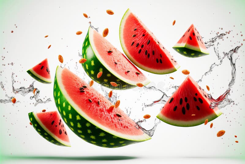 Fresh Slices of Watermelon Flying on a Plain Background with Exploding ... Fresh Slices of Watermelon Flying on a Plain Background with Exploding ...