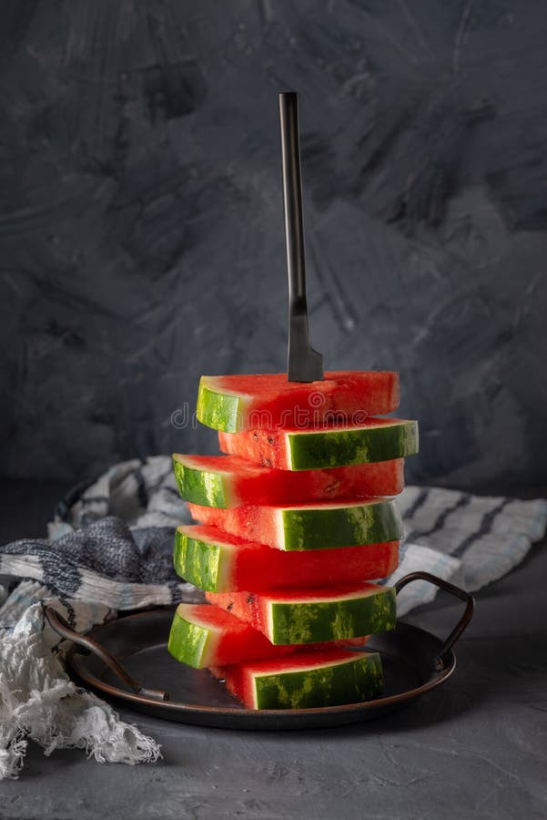 Fresh Slices of Watermelon on Table Against Grey Background. Copy Space ...