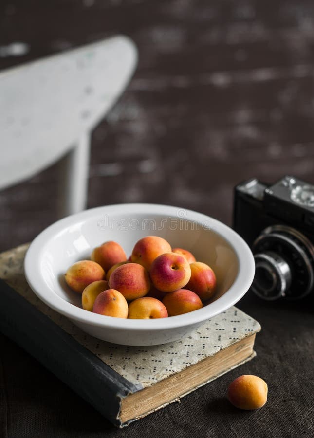 Fresh Small Apricots on a White Plate, a Book and an Old Camera Stock ...