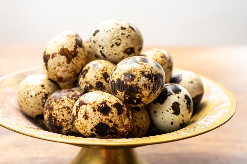 Fresh Small Spotted Partridge Eggs on Bronze Plate Stock Photo - Image ...