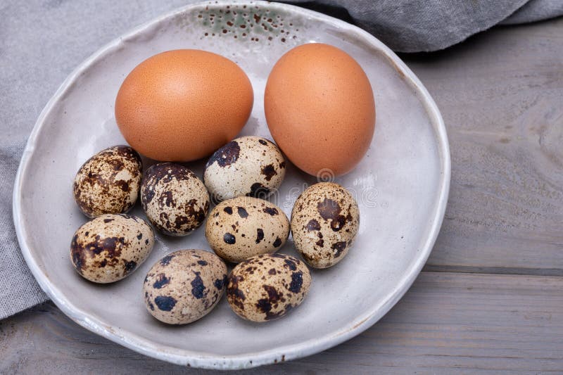 Fresh Small Spotted Partridge or Quail Bird and Brown Chicken Eggs ...