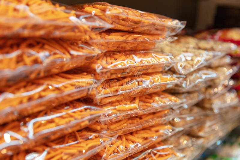 Fresh Snacks in Plastic Displayed at Shop Stock Image - Image of shop ...