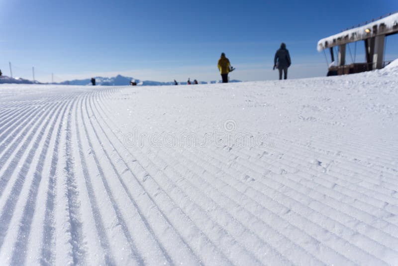 Fresh Snow Groomer Tracks on a Ski Piste Stock Image - Image of alps ...