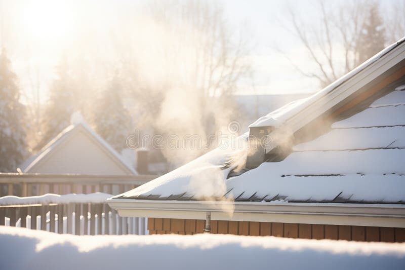 Fresh Snow on Shingled Roof with a Thin Stream of Smoke Stock ...