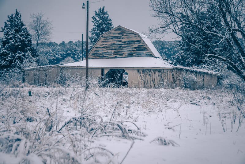 Fresh Snow Sits on the Ground Around an Old Barn Stock Photo - Image of ...
