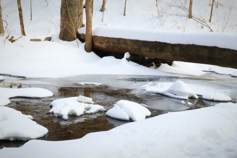 Fresh Snowfall and a Small Creek or Stream in the Wintertime Stock ...