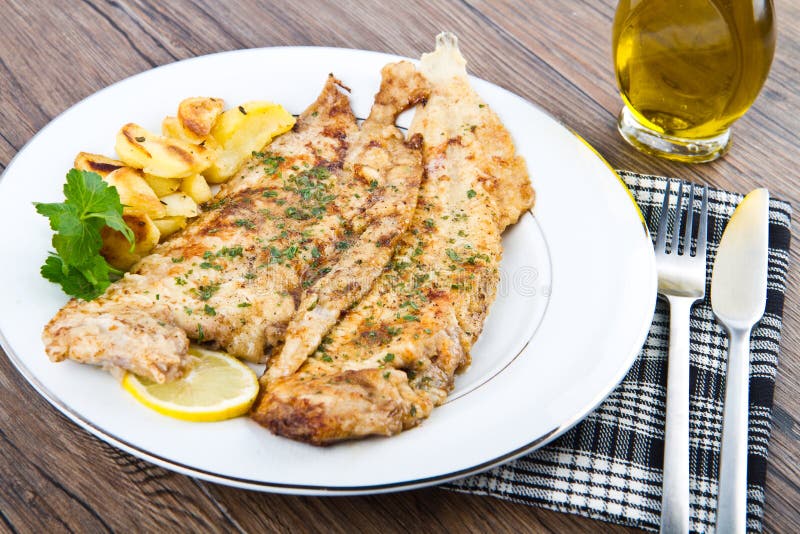 Fresh Sole Served with Potatoes Stock Image - Image of traditional ...