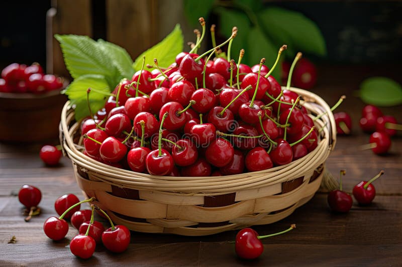 Fresh Sour Cherries in a Wooden Basket with Green Leaves Nearby. Stock ...