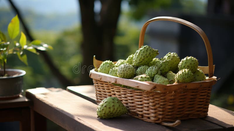 Fresh Soursop on Wooden Table with Soursop Tree Farm in Sunlight Stock ...