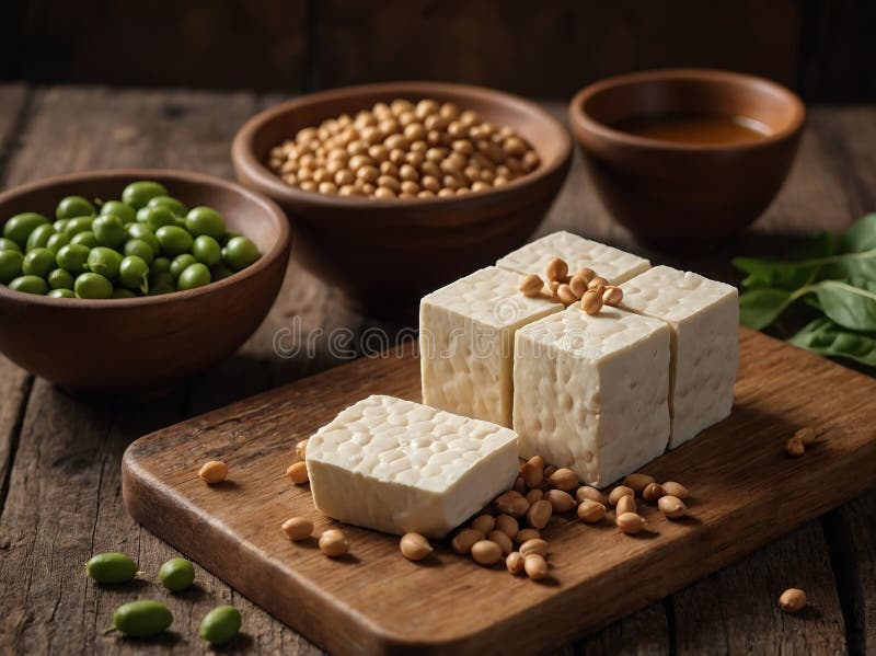 Fresh Soy Tofu Block on Rustic Wooden Board with Soybeans. Stock ...