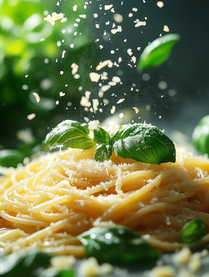 Fresh Spaghetti with Basil and Parmesan Cheese Sprinkle. Stock Photo ...