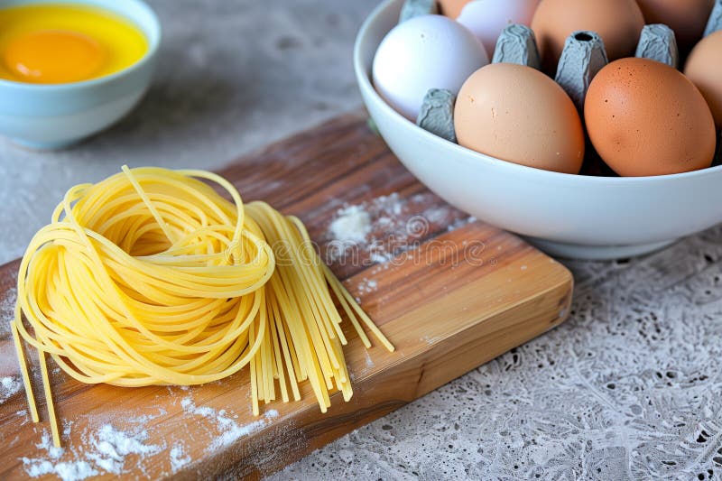 Fresh Spaghetti Coiled on a Wooden Board beside a Bowl of Whole Eggs ...