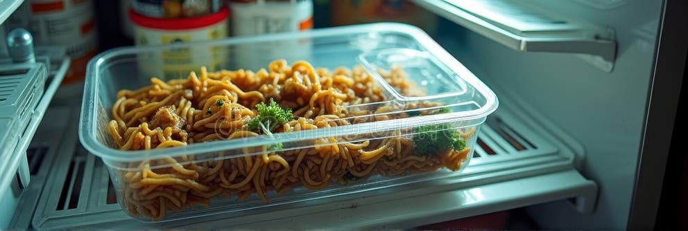 Fresh Spaghetti in Transparent Container Stored in Open Refrigerator ...