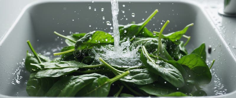 Fresh Spinach Being Rinsed Under Running Water in a Kitchen Sink with ...