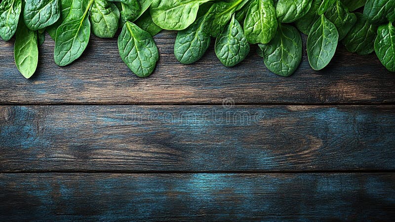 Fresh Spinach Leaves Border on Dark Wood Background Stock Illustration ...