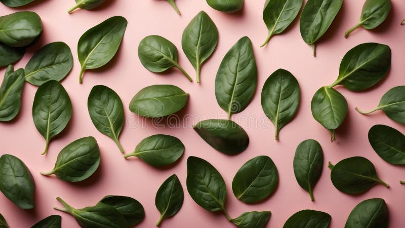 Fresh Spinach Leaves Spread upon Pink Background. Stock Image - Image ...