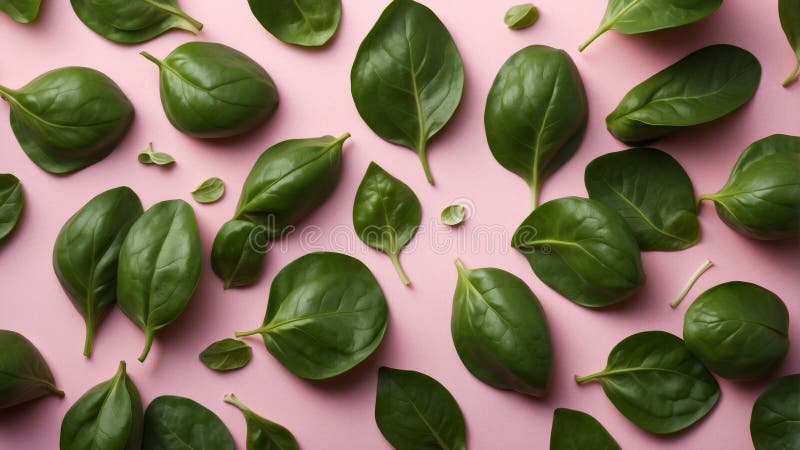 Fresh Spinach Leaves Spread upon Pink Background. Stock Image - Image ...