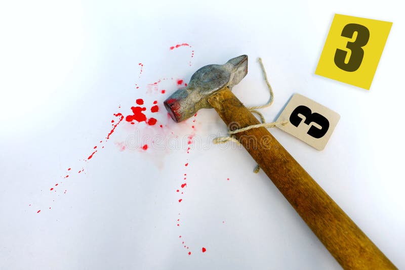 Fresh Splatter of Red Blood on White Table, Hammer at Crime Scene ...