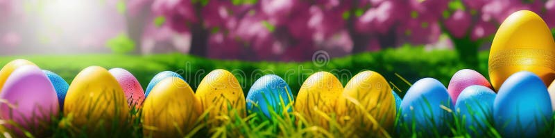 Fresh Spring Background with Easter Eggs Banner Green Juicy Meadow ...