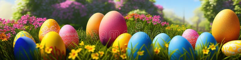 Fresh Spring Background with Easter Eggs Banner Green Juicy Meadow ...