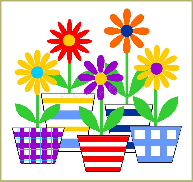 Pots with Colorful Vector Flowers Stock Vector - Illustration of green ...
