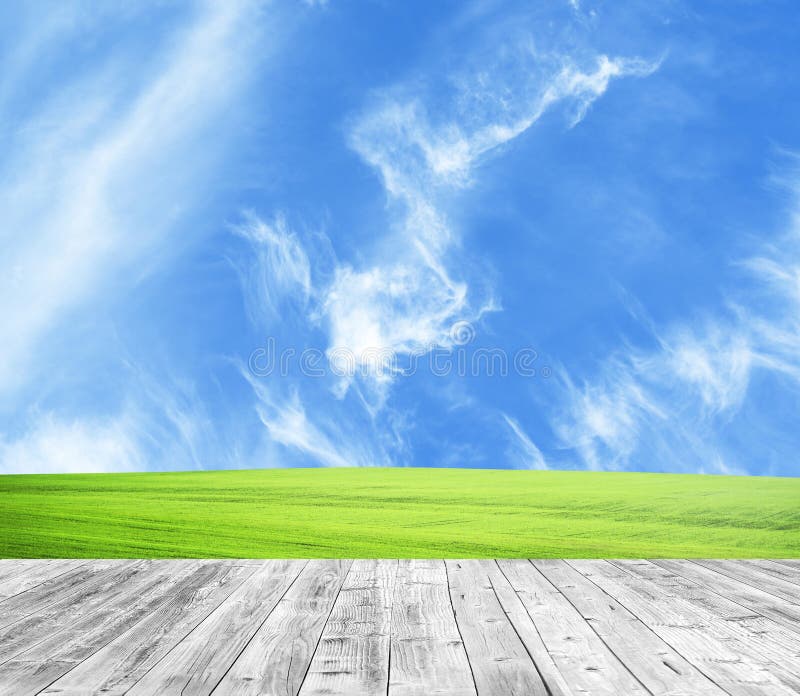 Fresh Spring Green Grass with Blue Sky and Wooden Floor Stock Image ...