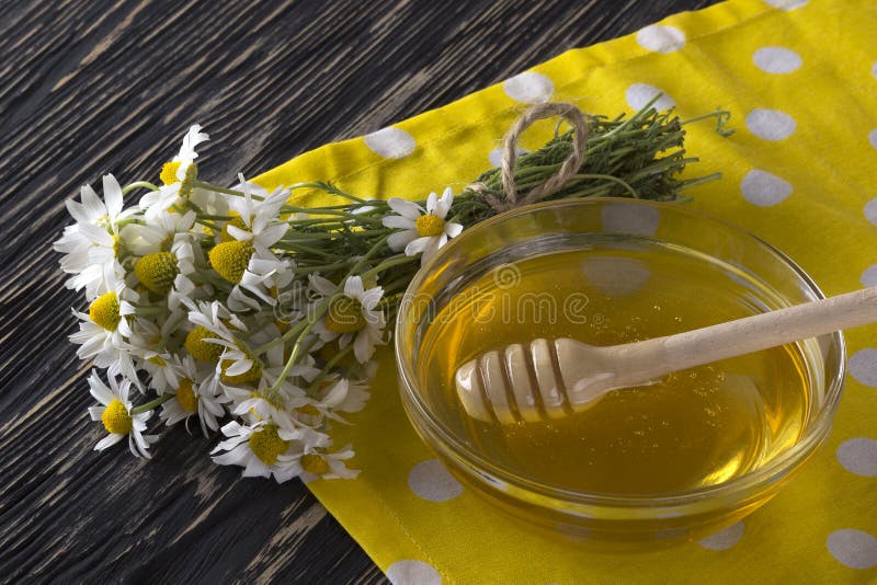 Fresh Spring Honey with Chamomile Flowers Stock Photo - Image of dipper ...