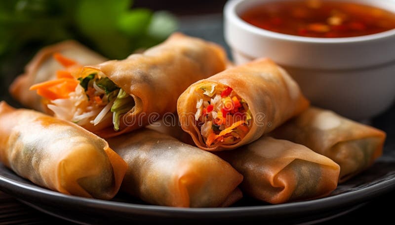 Fresh Spring Roll Appetizer with Vegetables and Pork on Plate Generated ...
