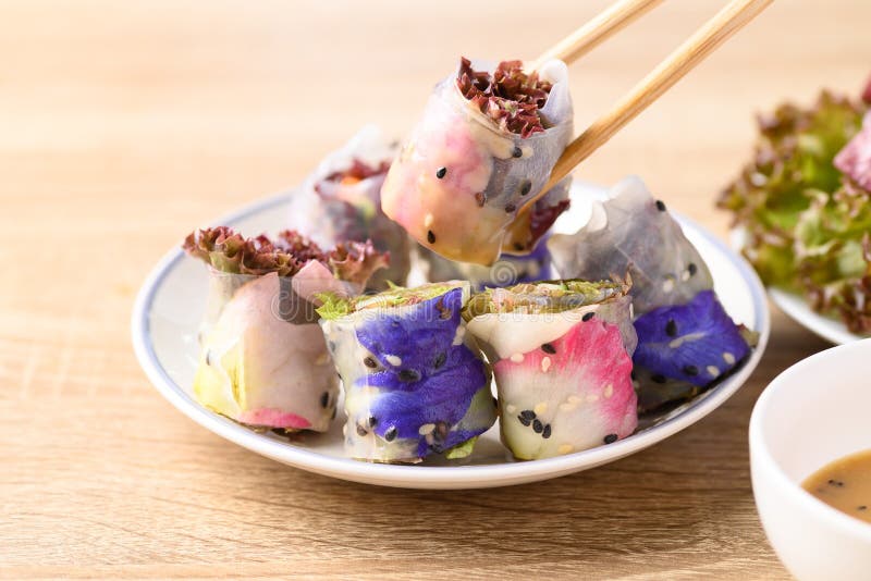 Fresh Spring Roll with Edible Flower and Vegetable Stock Photo - Image ...