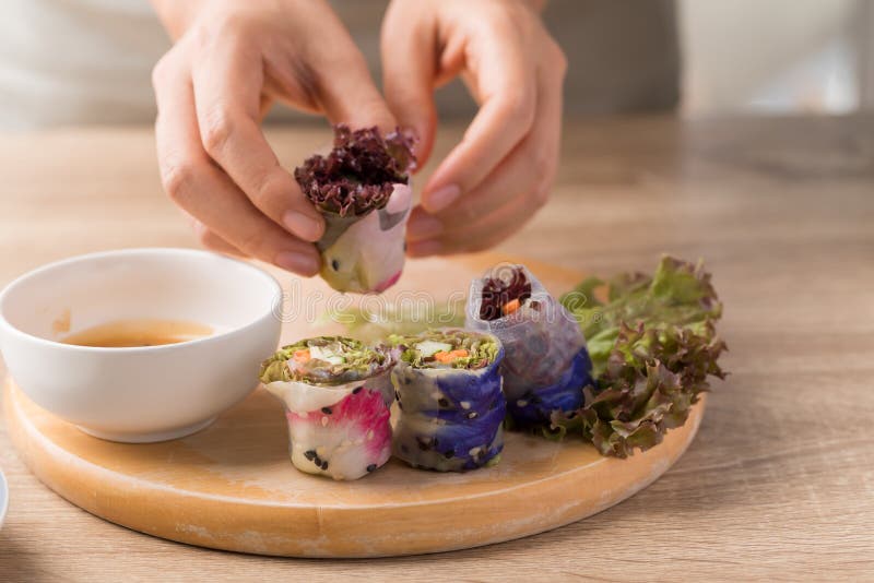 Fresh Spring Roll with Edible Flower and Vegetable Stock Photo - Image ...