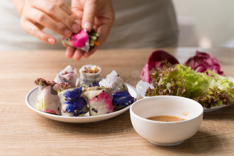 Fresh Spring Roll with Edible Flower and Vegetable Stock Image - Image ...