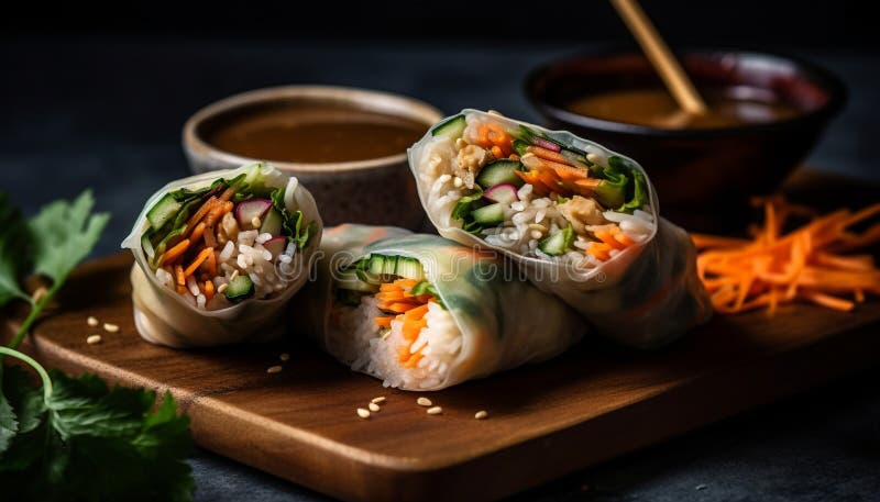 Fresh Spring Roll with Pork, Vegetables, and Cilantro Sauce Generated ...