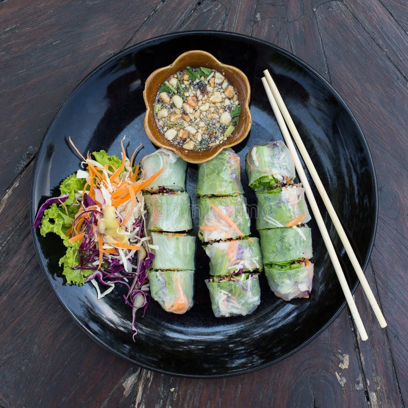 Fresh Vietnamese Spring Rolls on a Plate with Salad Stock Photo - Image ...