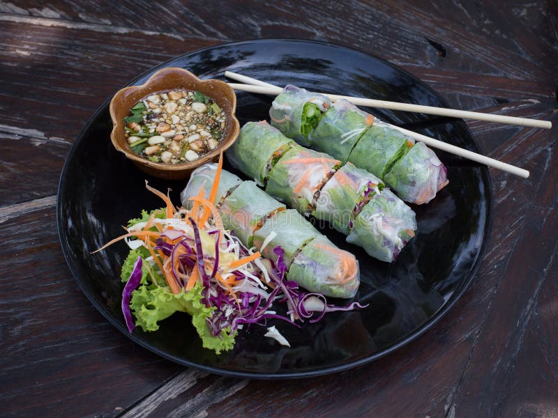 Fresh Vietnamese Spring Rolls on a Plate with Salad Stock Photo - Image ...