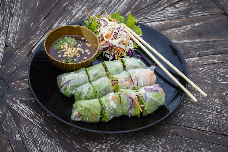 Fresh Vietnamese Spring Rolls on a Plate with Salad Stock Photo - Image ...