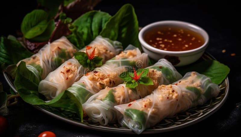Fresh Spring Roll Wrapped in Rice Paper with Savory Sauce Generated by ...