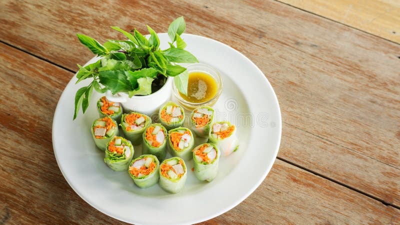 Fresh Spring Rolls with Assorted Vegetables with Spicy Sauce Stock ...
