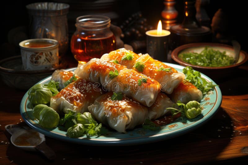 Fresh Spring Rolls Dim Sum and Salty Dumplings on the Plate Generated ...