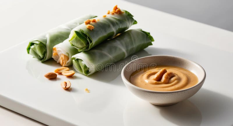 Fresh Spring Rolls with Peanut Dipping Sauce Closeup. Stock Photo ...