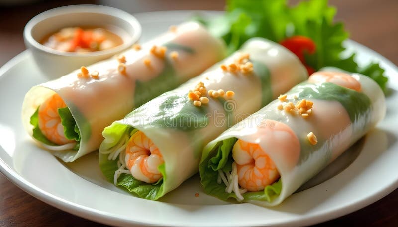 Fresh Spring Rolls on Platter with Peanut Sauce and Chili Garlic Dip ...