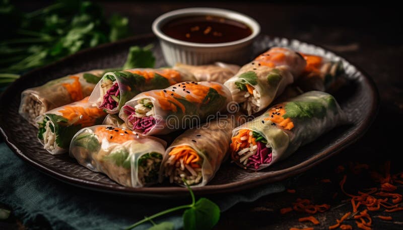 Fresh Spring Rolls with Pork, Beef, and Vegetables Wrapped Up Generated ...