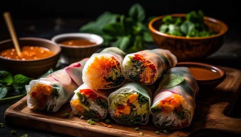 Fresh Spring Rolls with Pork and Vegetables, Served with Sauce ...