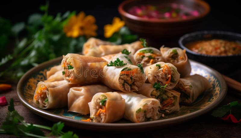 Fresh Spring Rolls, Steamed Dumplings, and Savory Sauces on Plates ...